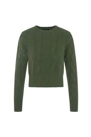 BUHU Textured Cable Knit Round Neck Sweater - Dark Olive