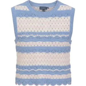 NONI Pointelle Striped Cotton Scalloped Hem Vest - White/blue