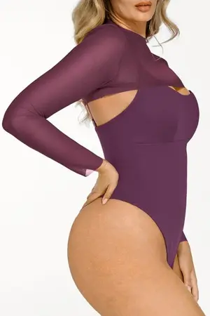 POPILUSH Sheer Shapewear Mesh Cutout Corset Bodysuit 2-piece Set - Plum