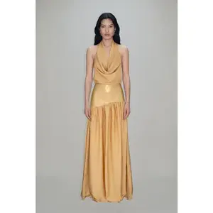 ATOIR Draped Cowl Halter Neck Maxi Dress With Leather Paneling - Golden Sands