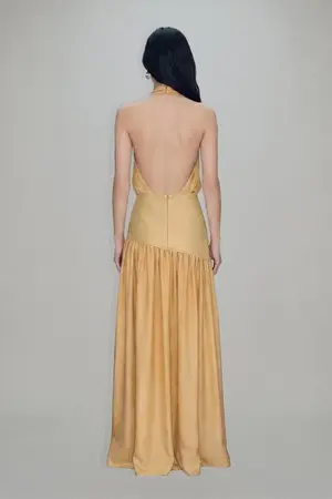 ATOIR Draped Cowl Halter Neck Maxi Dress With Leather Paneling - Golden Sands