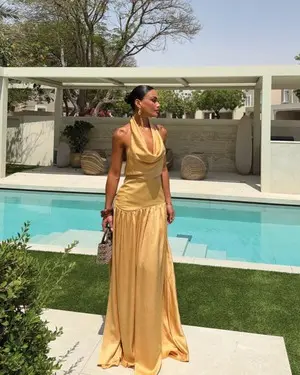 ATOIR Draped Cowl Halter Neck Maxi Dress With Leather Paneling - Golden Sands