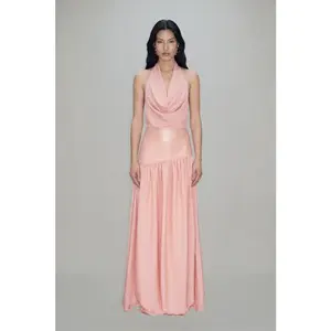 ATOIR Draped Cowl Halter Neck Maxi Dress With Leather Paneling - Pastel Pink