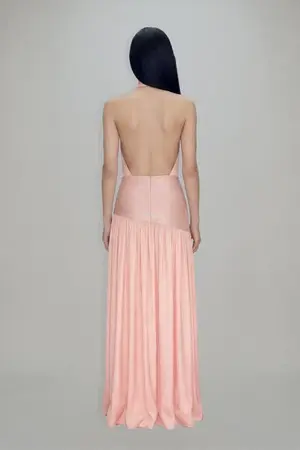 ATOIR Draped Cowl Halter Neck Maxi Dress With Leather Paneling - Pastel Pink