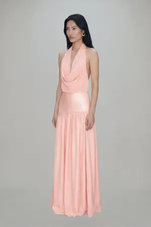 ATOIR Draped Cowl Halter Neck Maxi Dress With Leather Paneling - Pastel Pink