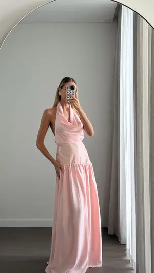 ATOIR Draped Cowl Halter Neck Maxi Dress With Leather Paneling - Pastel Pink