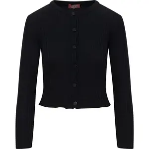 QEW Ribbed Knit Cropped Cardigan With Crewneck And Button Closure - Black