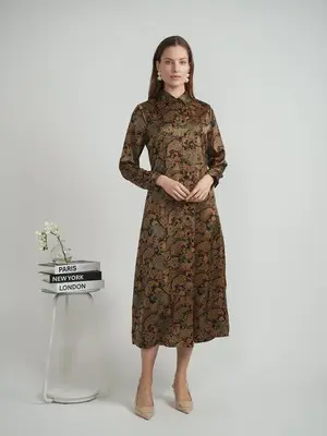 COCO DE LA MOUR Printed Satin Midi Shirt Dress - Black Leafs