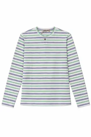 POSITIVE Striped Henley Long Sleeve Knit Top - Mint