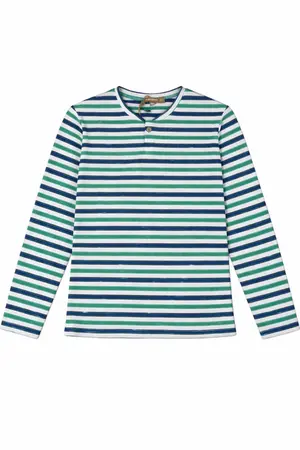 POSITIVE Striped Henley Long Sleeve Knit Top - Sapphire