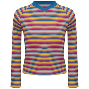 MIUMAX MiuMax Ladies Striped Raglan V-Neck Tee Fuchsia