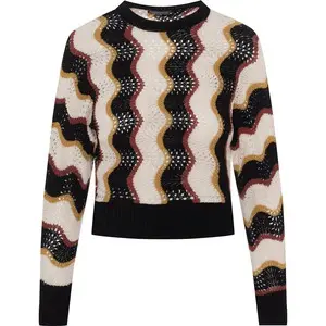 MADEMOISELLE Crochet Vertical Chevron Long Sleeve Ribbed Trim Knit Top - Multi