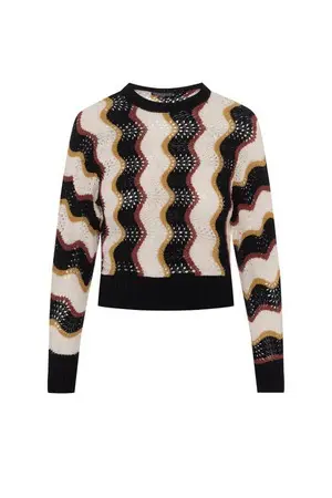 MADEMOISELLE Crochet Vertical Chevron Long Sleeve Ribbed Trim Knit Top - Multi