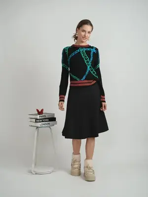 Coco Printed Knit Chain Sweater - Black