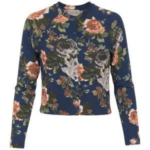 COCO DE LA MOUR Floral Crew Neck Button Front Cardigan Top - Chambray