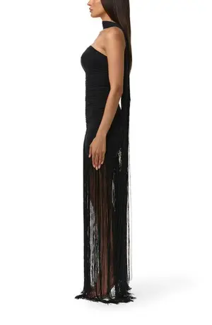 Naked Wardrobe Fringe Hem Ruched Strapless Dress