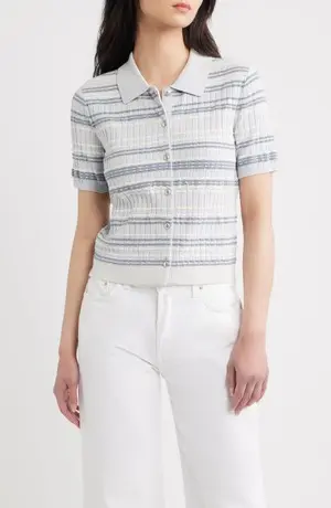 Rag & Bone Karina Stripe Short Sleeve Cardigan - Light Blue