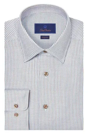 David Donahue Regular Fit Check Cotton Dobby Dress Shirt - Sky/chocolate