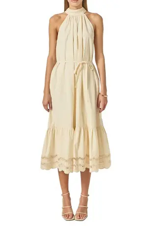 English Factory Embroidered Cotton Poplin Halter Dress - Cream