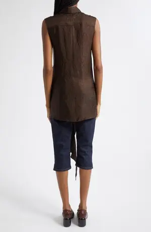 Ossou Ranger Sleeveless Tie Front Crinkle Satin Button-up Shirt