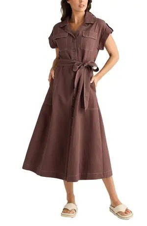 BRAVE+TRUE Portia Cotton Blend Maxi Shirtdress With Contrast Stitching - Chocolate