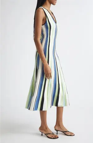 TOCCIN Fifi Vertical Stripe A-line Knit Midi Dress - Ocean/keylime Multi