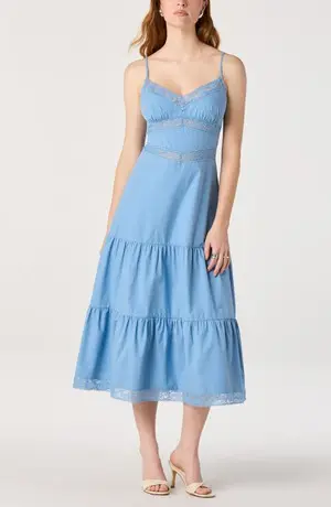 Astr The Label Berenice Lace Detail Tiered Cotton Dress - Blue