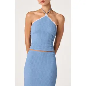 Astr The Label Milana Lace Detail Rib Halter Top - Blue