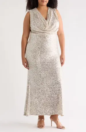 Eliza J Sleeveless Sequined Gown With Draped Neck - Silver