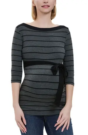 KIMI + KAI Striped Boat Neck Top With Self-tie Waist