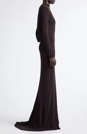 TOM FORD Long Sleeve Draped Open Back Crepe Jersey Gown - Espresso