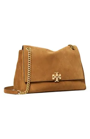 Tory Burch Charlie Quilted Suede Shoulder Bag - Caramel