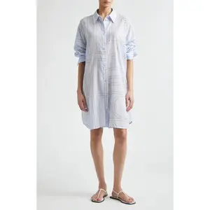 TOTEME Long Summer Long Sleeve Logo Embroidered Shirtdress - Sky/red