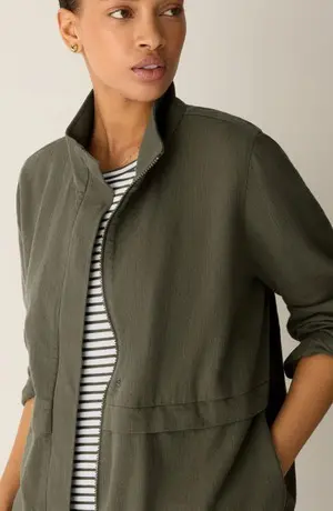 Eileen Fisher Stand Collar Zip Jacket In Organic Cotton And Linen