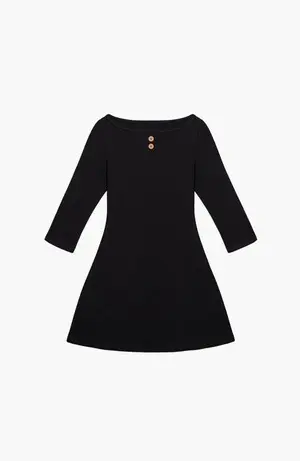 ODDLI 3/4 Sleeve Boatneck Dress With Decorative Buttons - Black