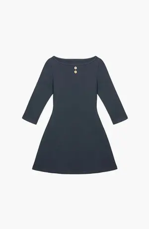 ODDLI 3/4 Sleeve Boatneck Dress With Decorative Buttons - Navy