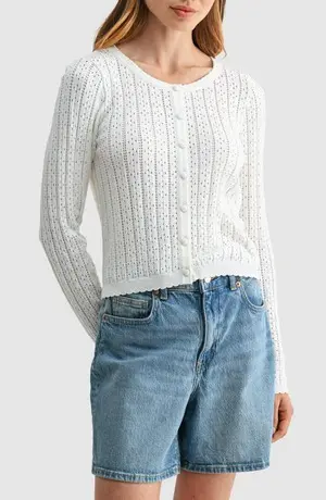 ALL IN FAVOR Pointelle Knit Button-down Cardigan - Ivory
