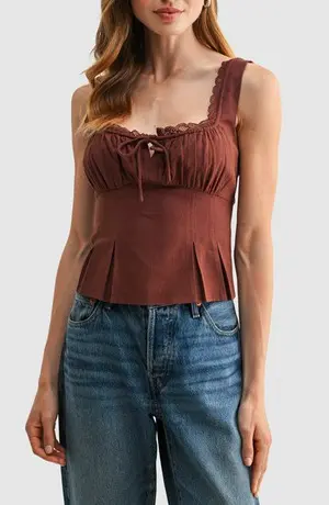 ALL IN FAVOR Lace Trim Pleated Rayon And Linen Top - Brown