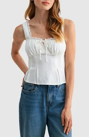 ALL IN FAVOR Lace Trim Pleated Rayon And Linen Top - Ivory