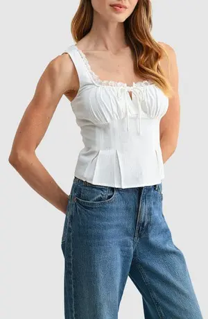 ALL IN FAVOR Lace Trim Pleated Rayon And Linen Top - Ivory