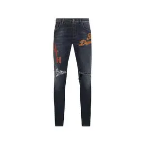 Amiri Grey Denim Skinny Jeans With Logo Embroidery