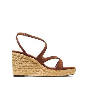 JIMMY CHOO Suede Raffia Wedge Sandals - Brown