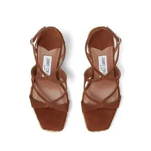 JIMMY CHOO Suede Raffia Wedge Sandals - Brown