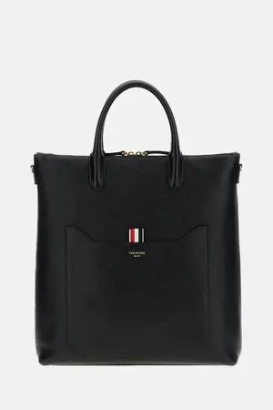 Thom Browne Vertical Tote In Pebble-grain Leather - Nero