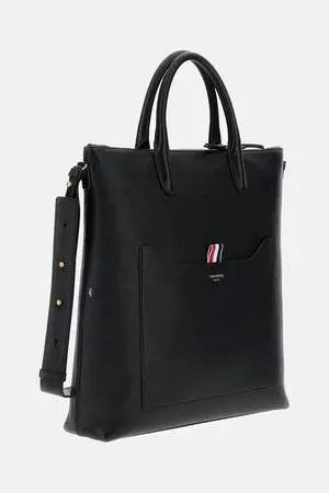 Thom Browne Vertical Tote In Pebble-grain Leather - Nero