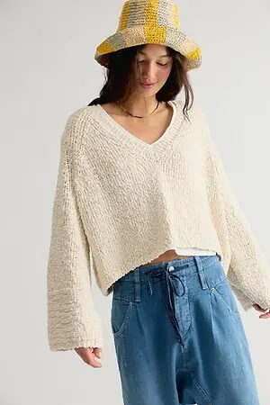 Free People Heartland Cropped Pullover With Flared Sleeves - Tofu