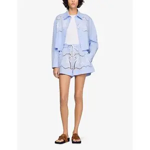 Sandro Embroidered Drawstring-waist Cotton Shorts