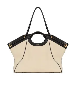 Balmain Large Tote In Smooth Leather And Canvas - Beige