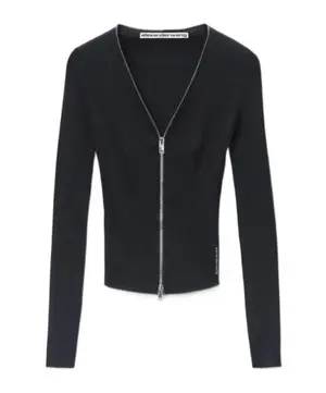 Alexander Wang V-neck Long Sleeve Pointelle Zip Cardigan - Black