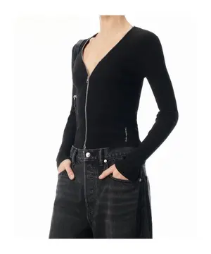 Alexander Wang V-neck Long Sleeve Pointelle Zip Cardigan